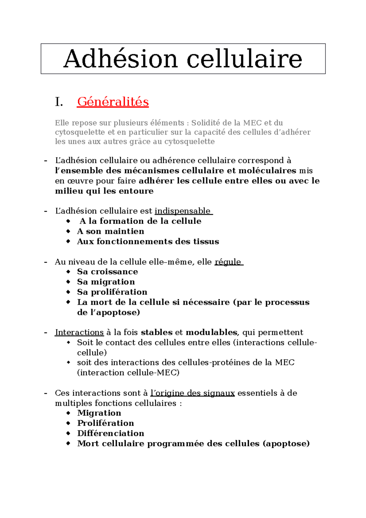 Adhésion Cellulaire - Concepts et Mécanismes Clés (Cours) - Studocu