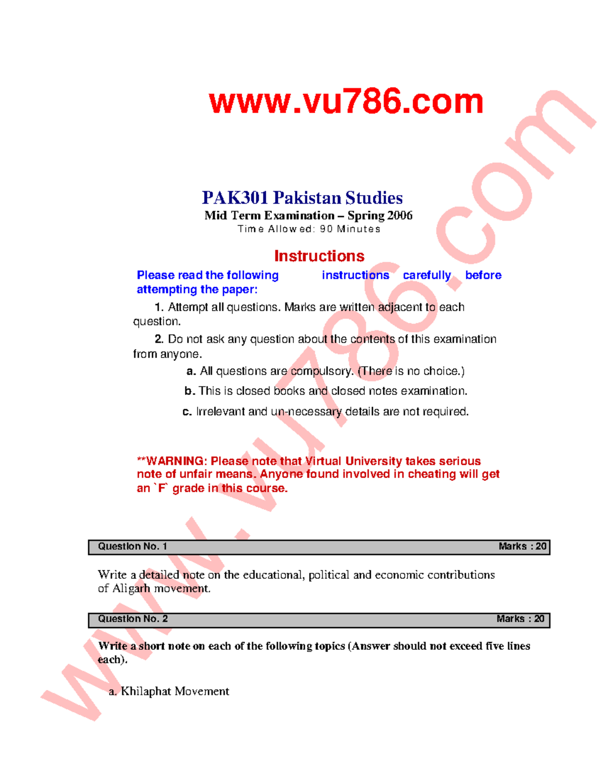PAK301 Pakistan Studies Midterm Exam Notes - Spring 2006 - Studocu