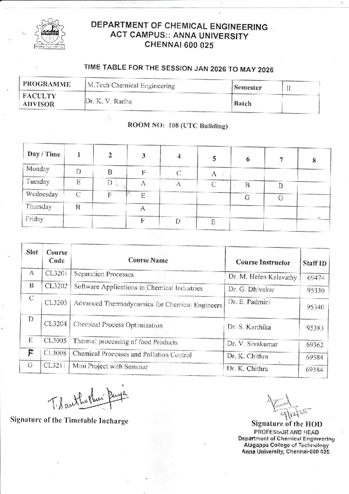 M.Tech Chemical Engineering II Sem Time Table (Jan-May 2026) - Studocu