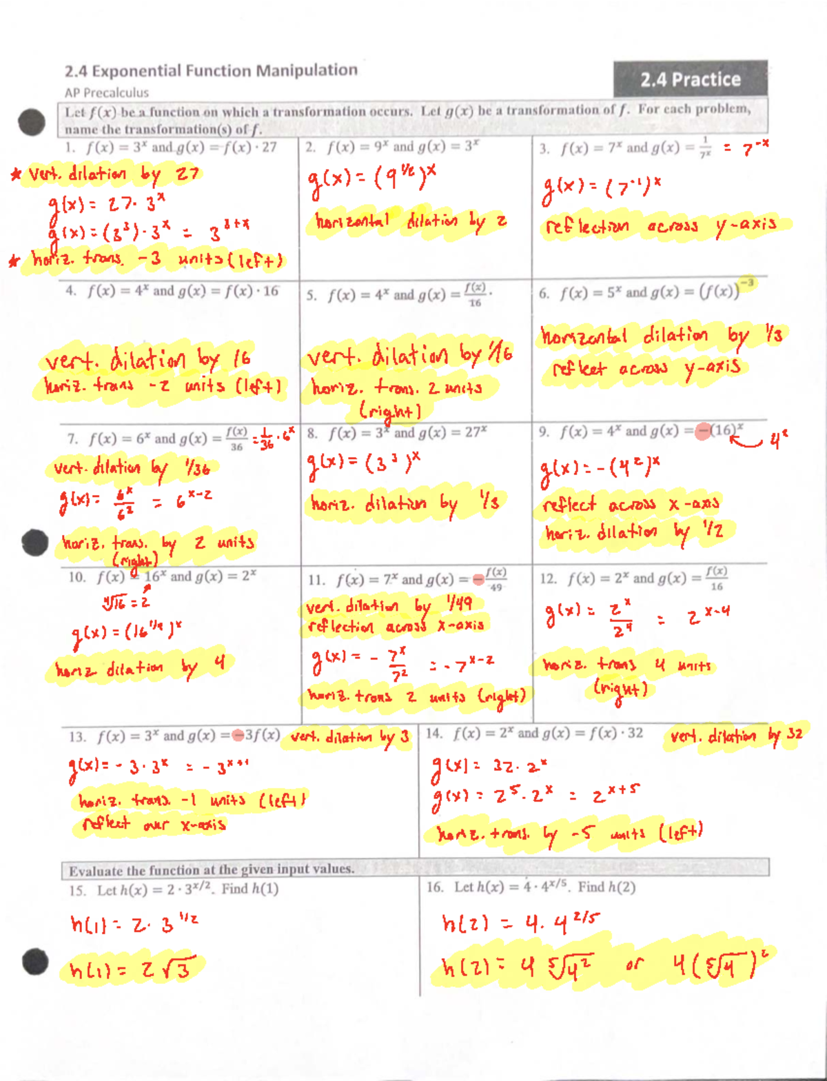 2.4 Exponential Function Manipulation - Let g(x) be a transformation of f. For each problem ...