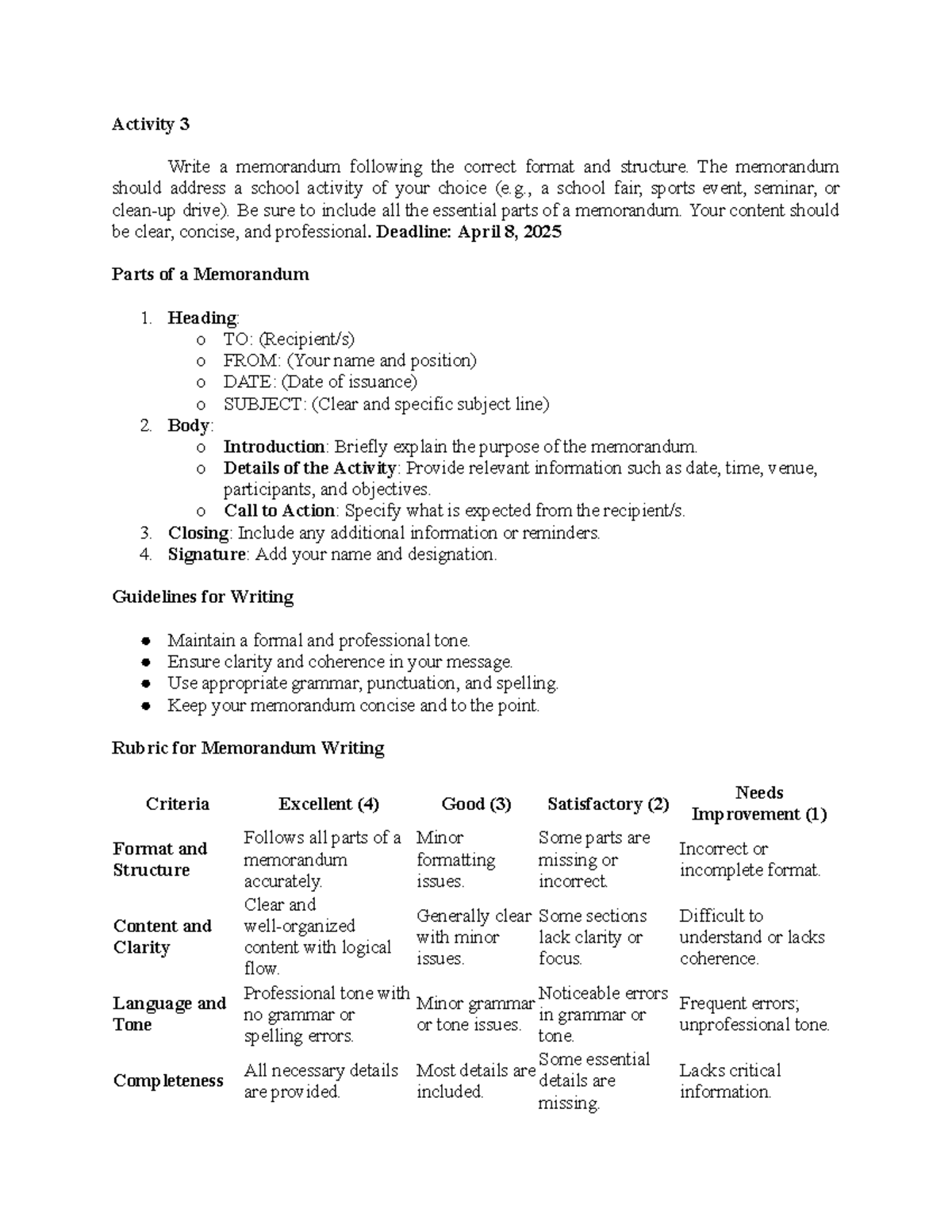 TW Activity 3 - Memorandum Writing Guidelines and Structure - Studocu