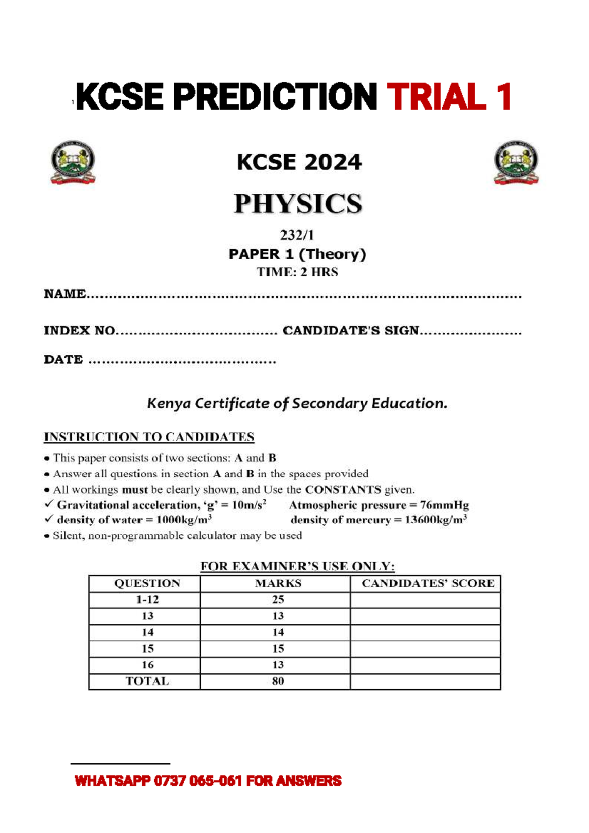 Physics PP1-3 KCSE 2024 Prediction Trial Exercises and Solutions - Studocu