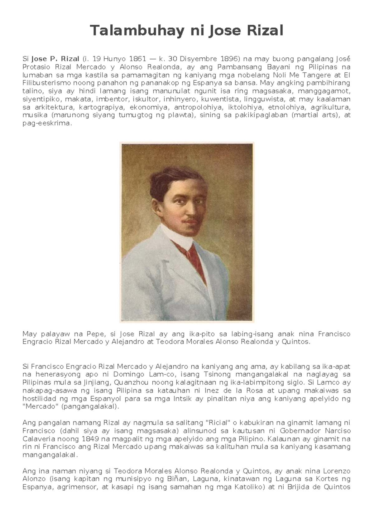 Talambuhay ni Jose Rizal: Ang Pambansang Bayani ng Pilipinas - Studocu