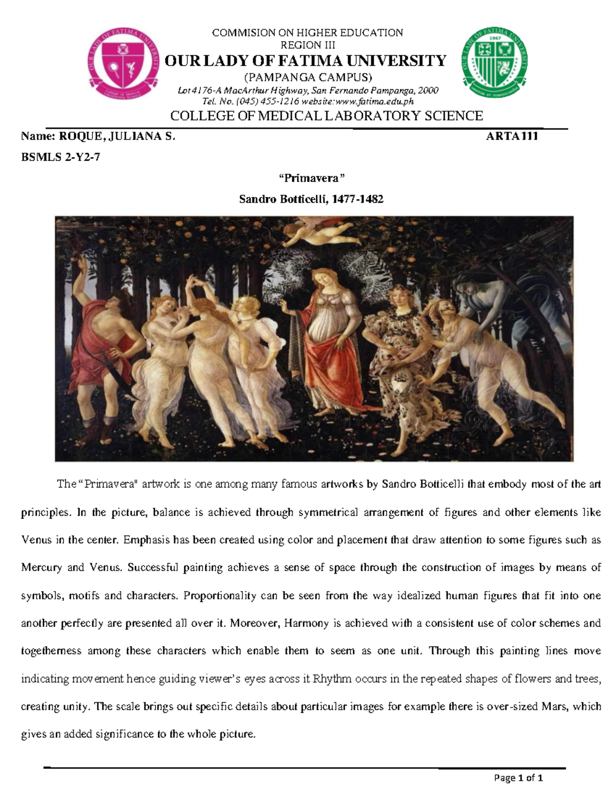 Primavera ARTA111 - Analysis of Sandro Botticelli's Artwork - Studocu