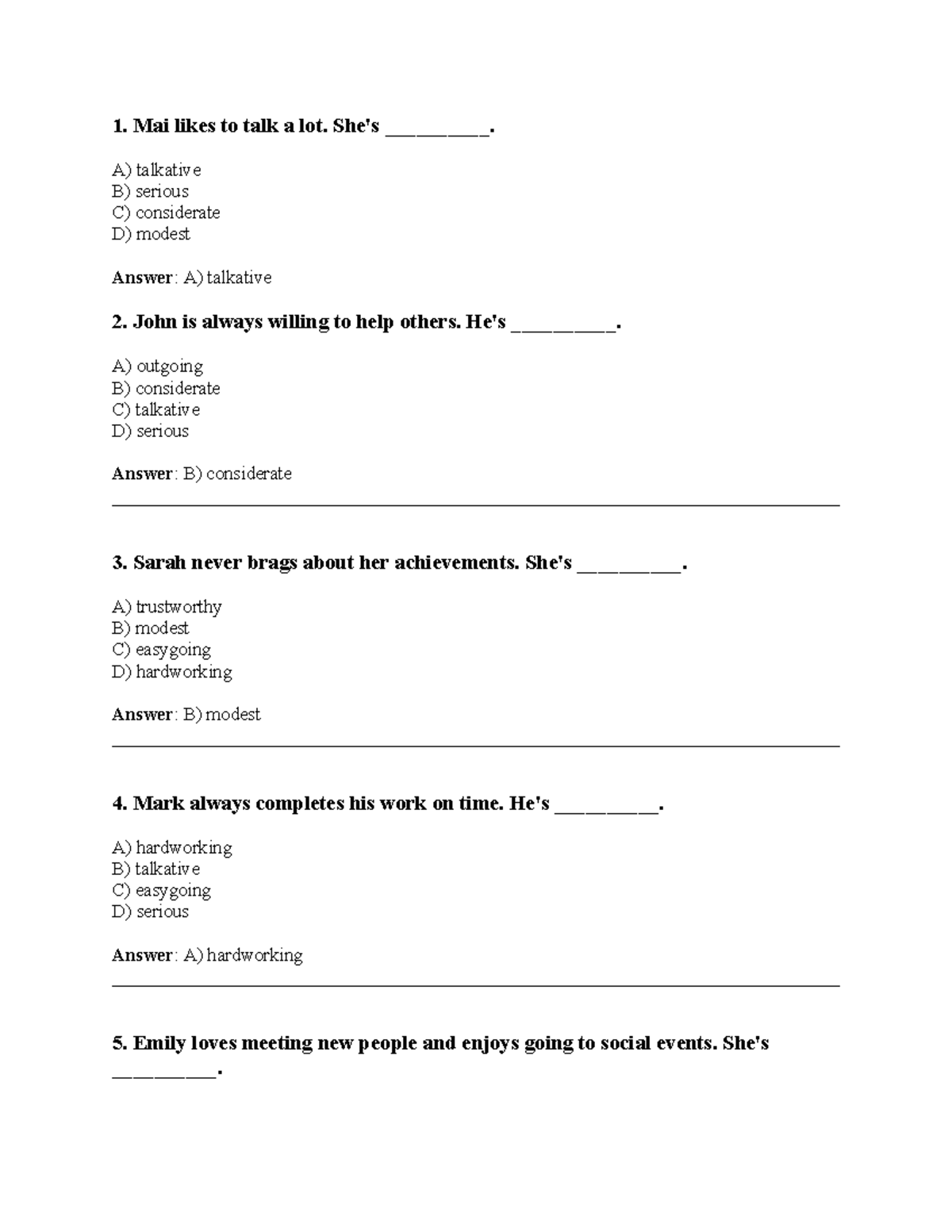 Su1 Vocabulary Quiz: Personality Traits and Descriptions - Studocu