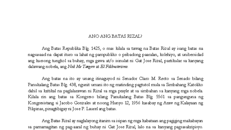 GNED09 - Batas Rizal: Pagsusuri at Kahalagahan ng Batas 1425 - Studocu