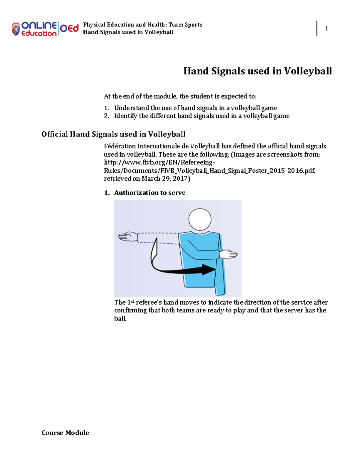 PEH 101: Team Sports Hand Signals in Volleyball - Week 11 Notes - Studocu