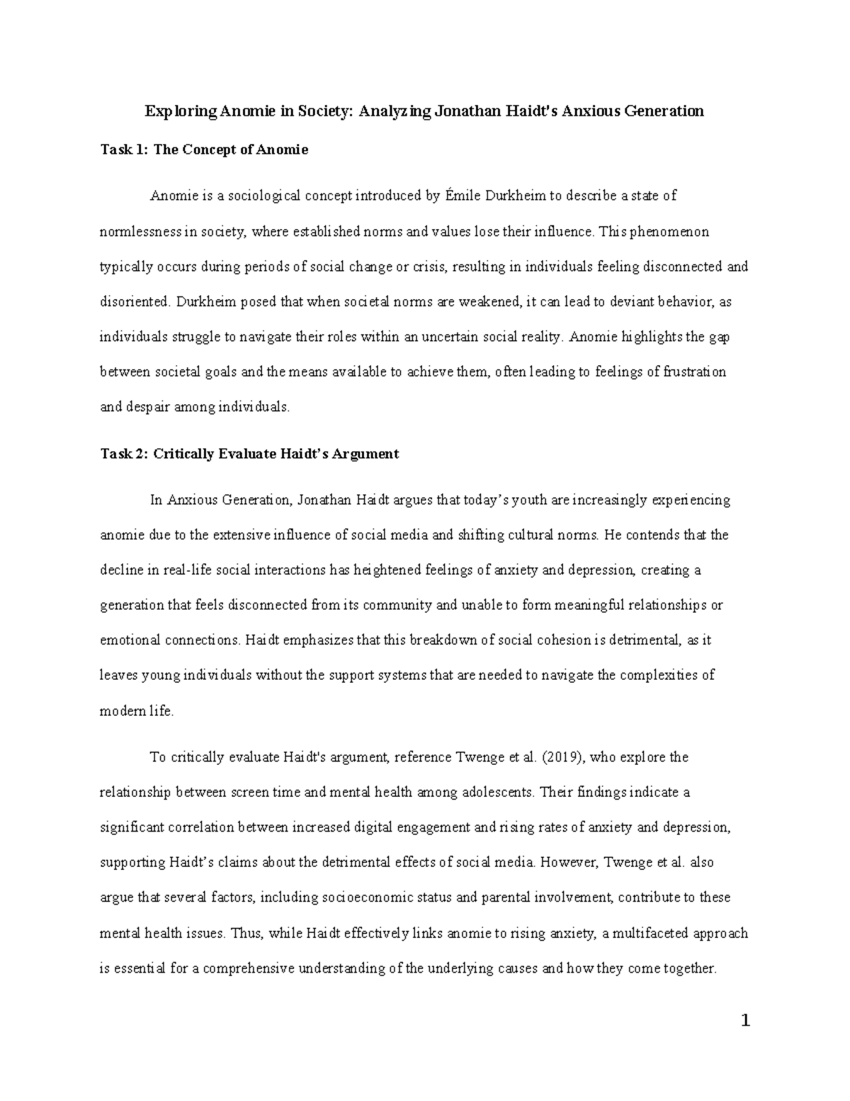 SOC1101 B Applying Deviance Theory: Anomie & Haidt's Anxious Generation ...