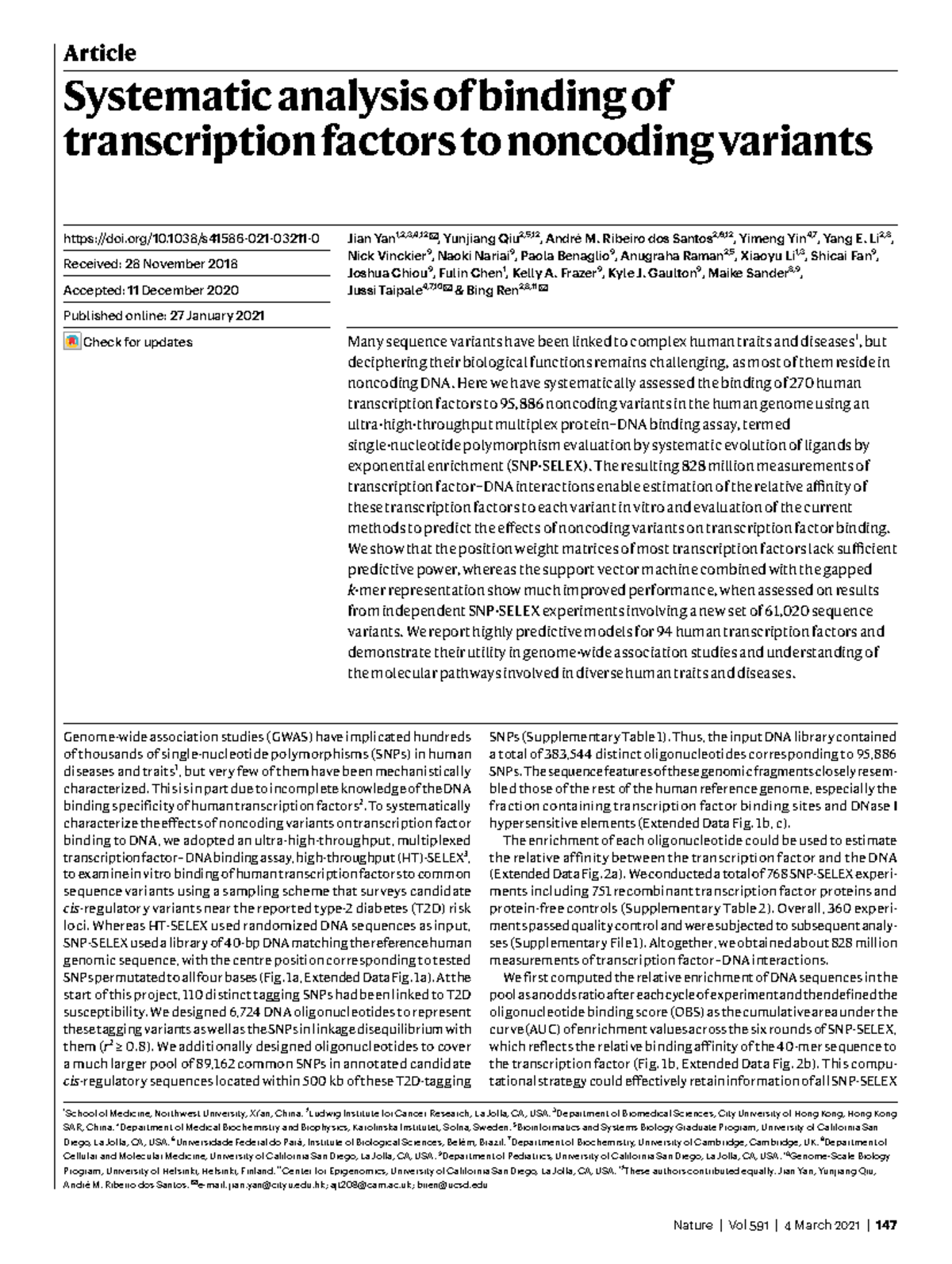 Systematic Analysis of Transcription Factor Binding to Noncoding ...