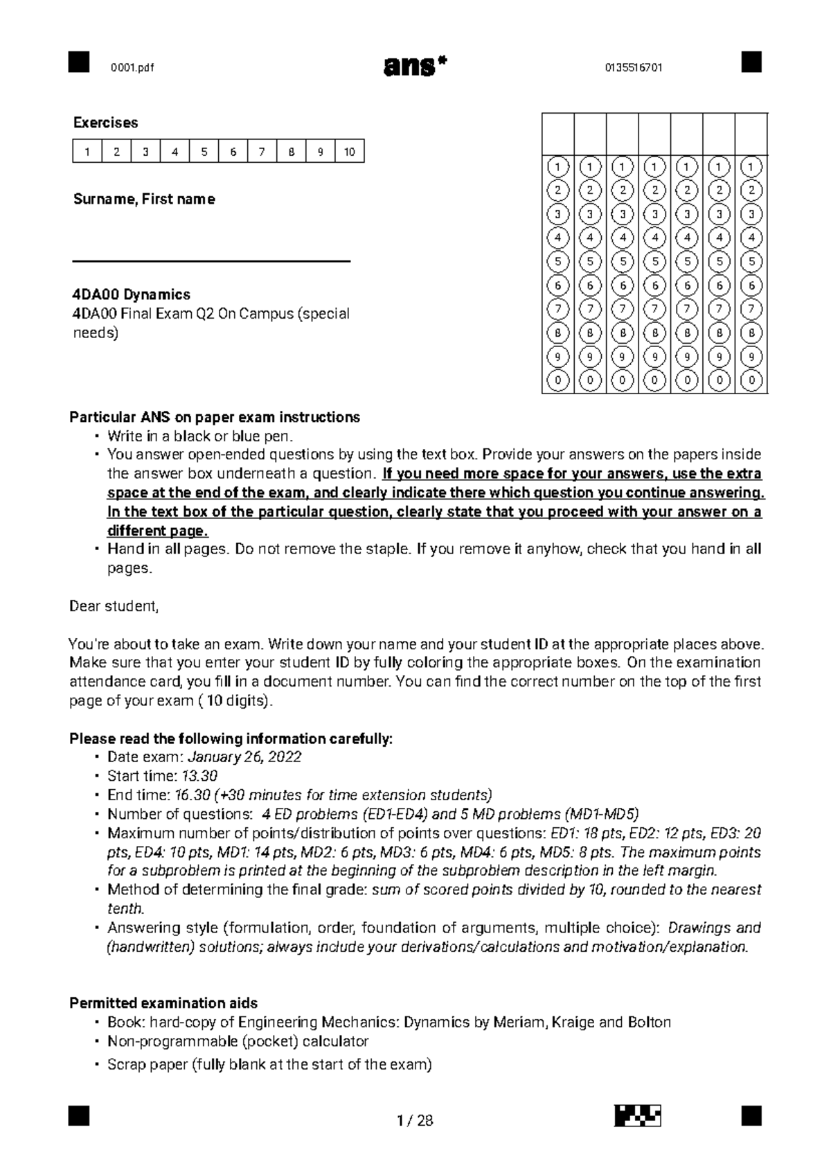 Exam jan 2021 - 2022 - Dynamica - TU Eindhoven - Studeersnel