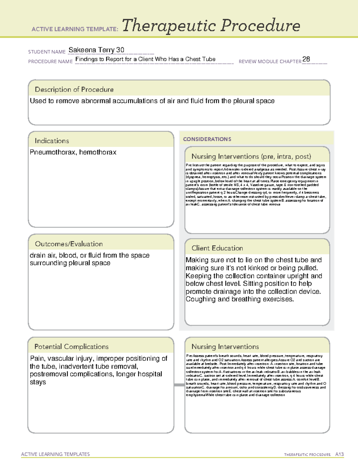 ACTIVE LEARNING TEMPLATE: Chest Tube Procedure Review A13 - Studocu