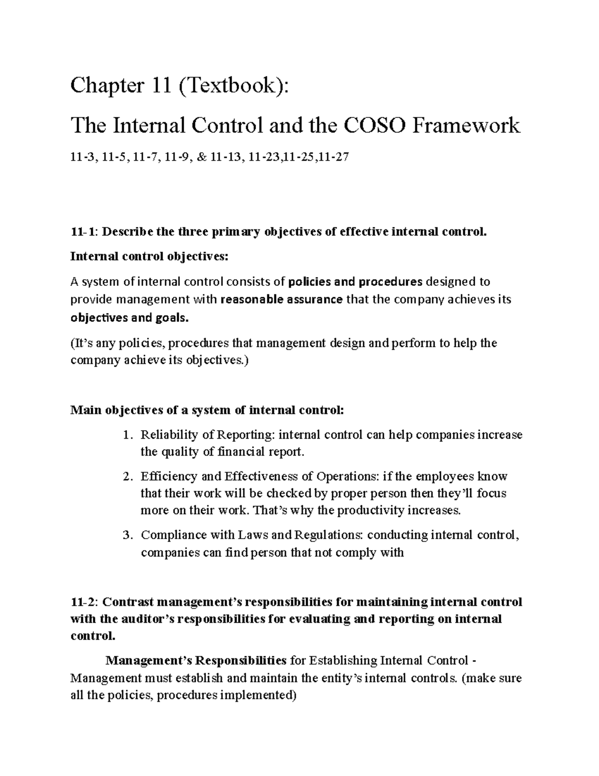 Chapter 11 - Internal Control & COSO Framework Overview - Studocu