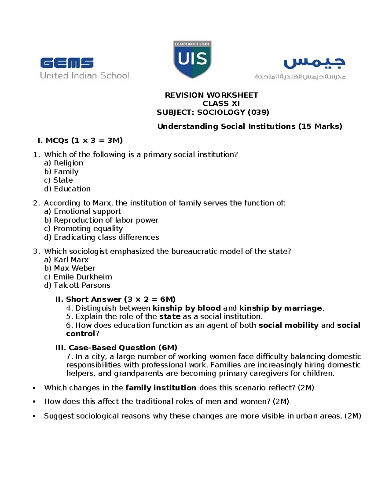 CLASS XI SOCIOLOGY (039) Revision Worksheet on Social Institutions ...