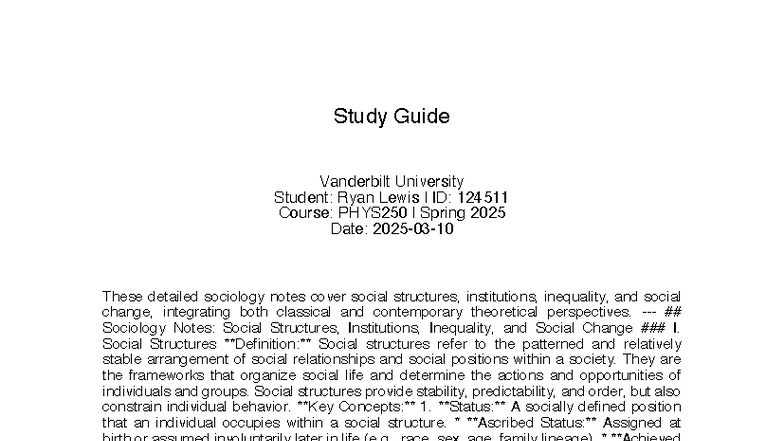 Sociology Study Guide: Social Structures & Change - PHYS250 - Studocu