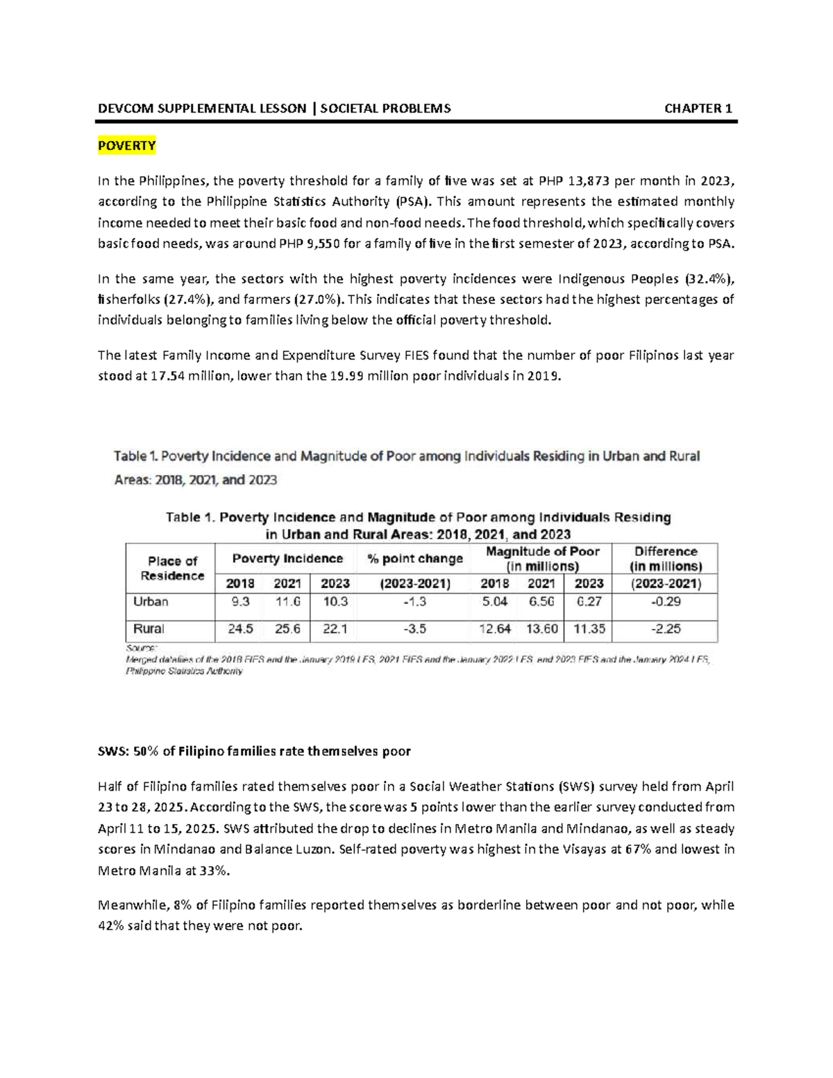 DEVCOM SUPPLEMENTAL LESSON: SOCIETAL PROBLEMS CHAPTER 1 - POVERTY ...