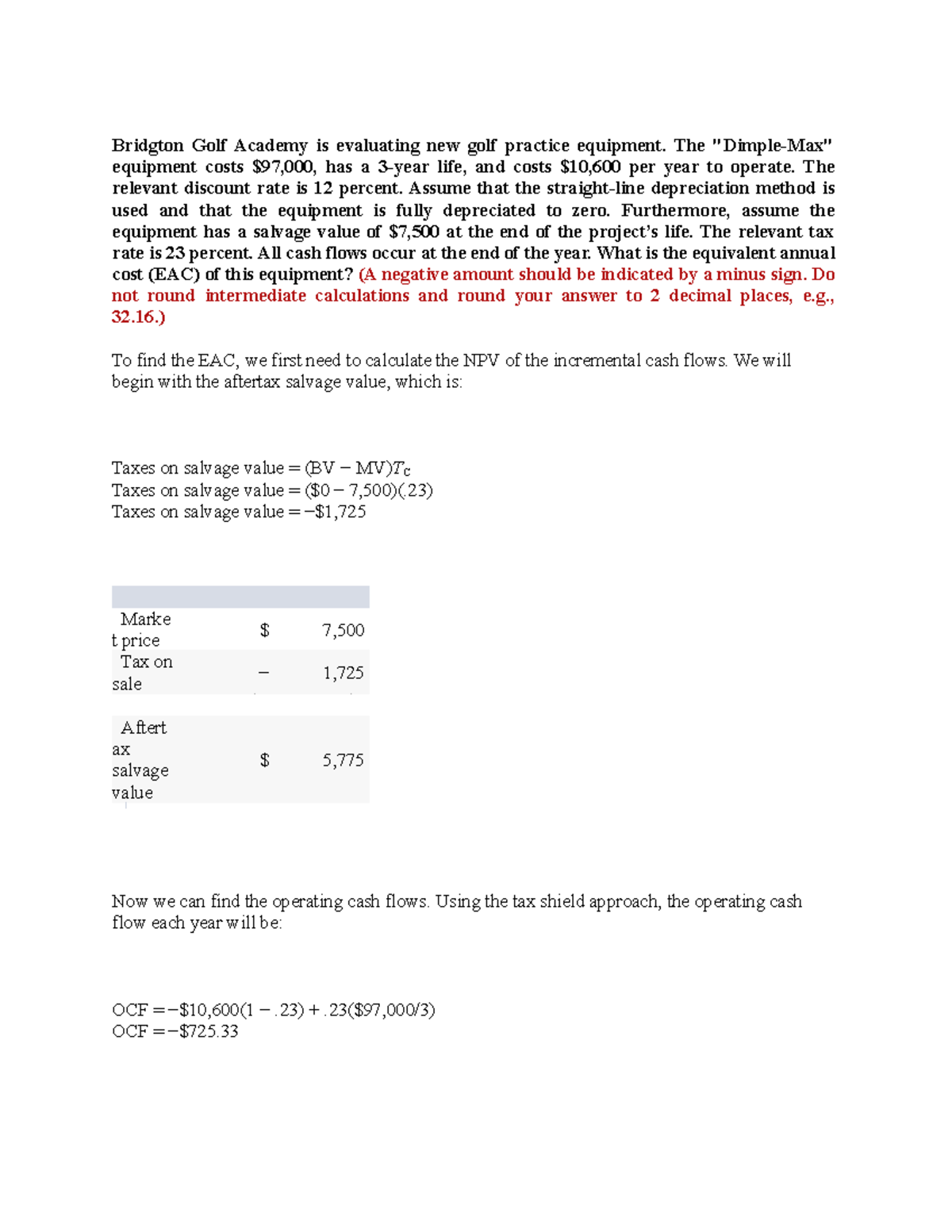 Equivalent Annual Cost (EAC) Calculations for Different Equipment ...