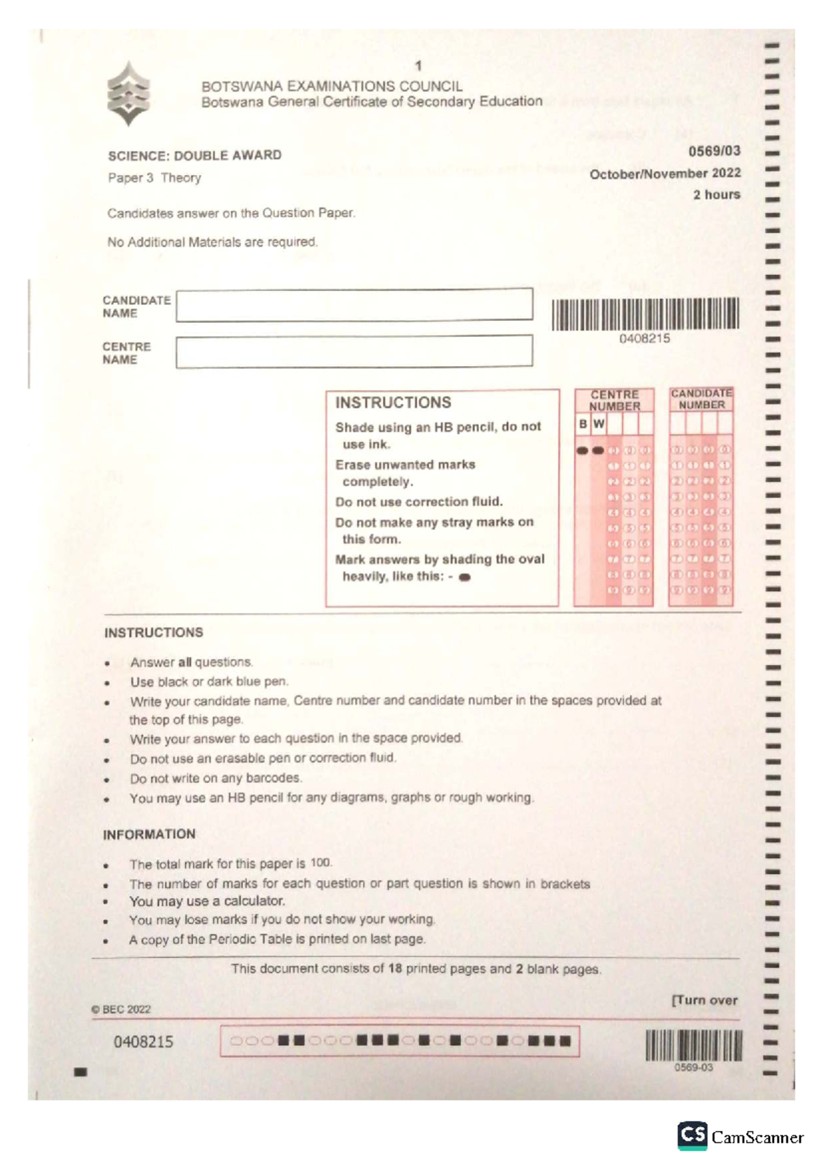 SDA 3 2022: Botswana GCE Science Double Award Exam Paper - Studocu