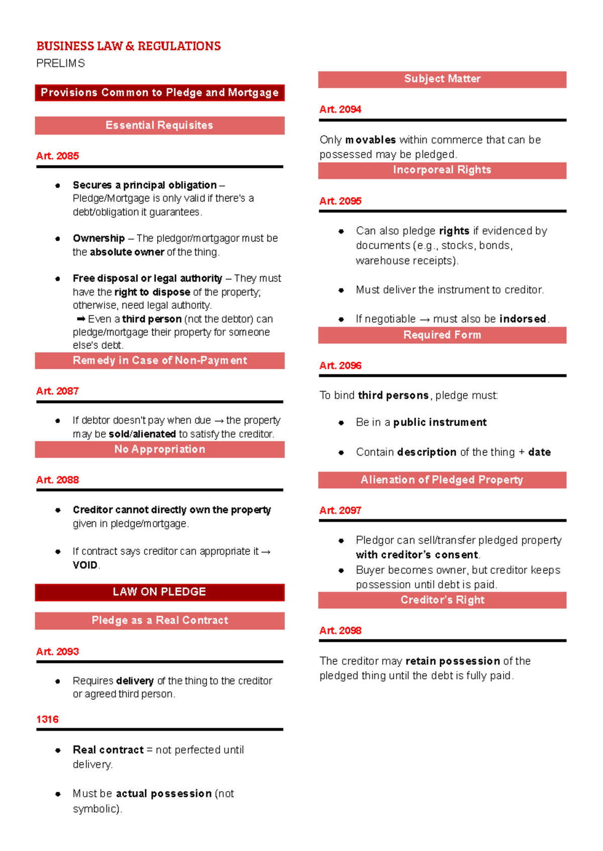 BUSINESS LAW & REGULATIONS PRELIM NOTES ON PLEDGE AND MORTGAGE - Studocu