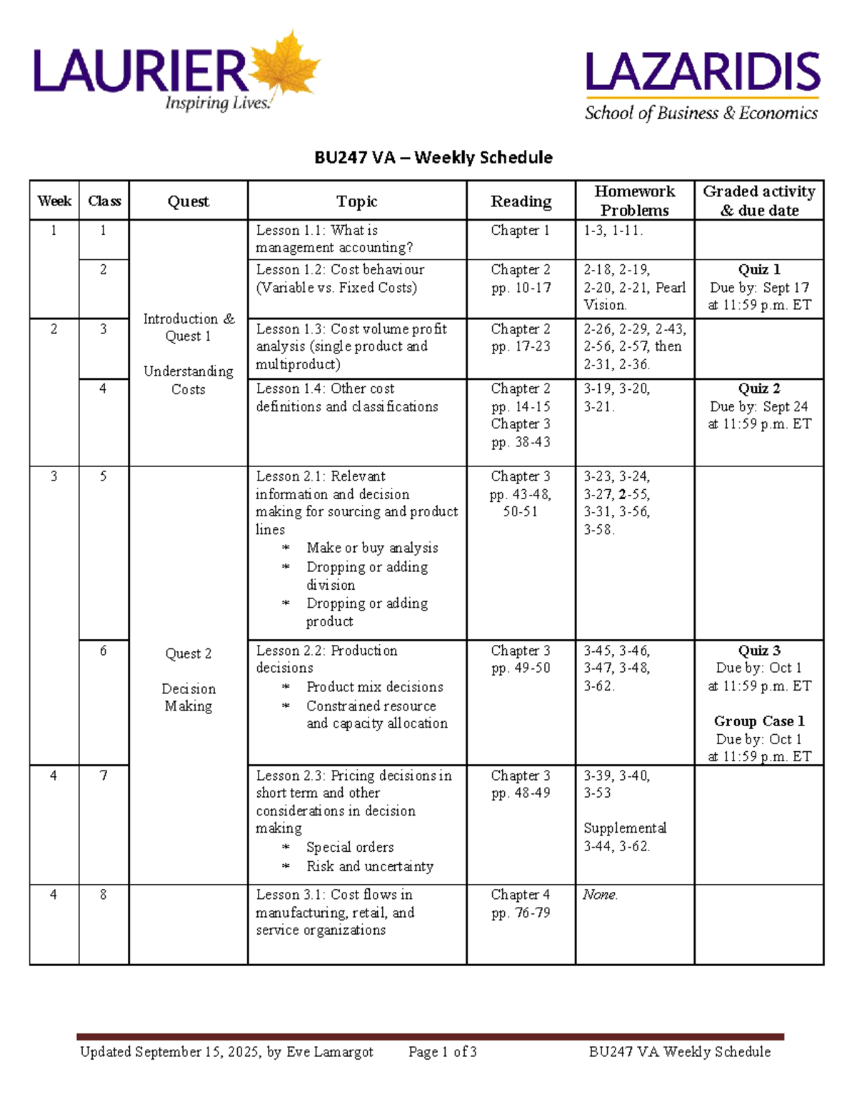 BU247 VA Weekly Schedule: Class 1 to Midterm Overview - Studocu