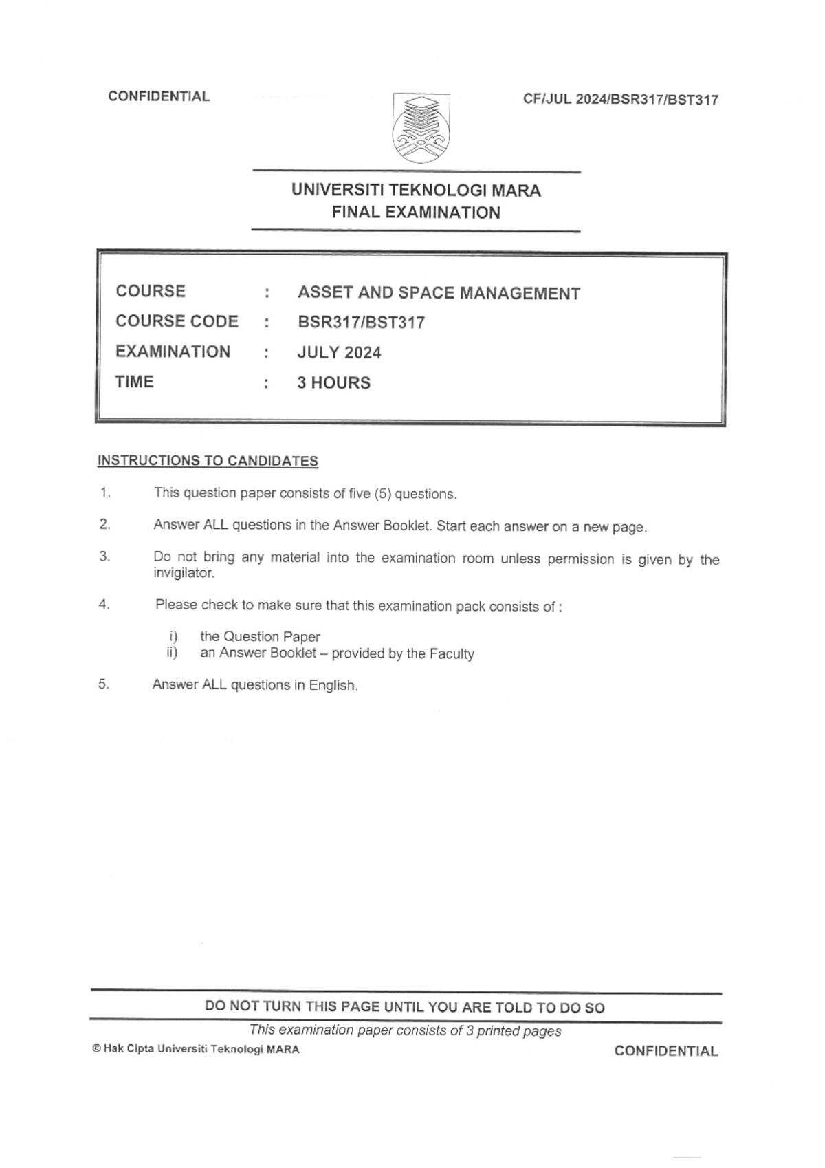 BSR317 Final Exam: Asset & Space Management Questions - Studocu