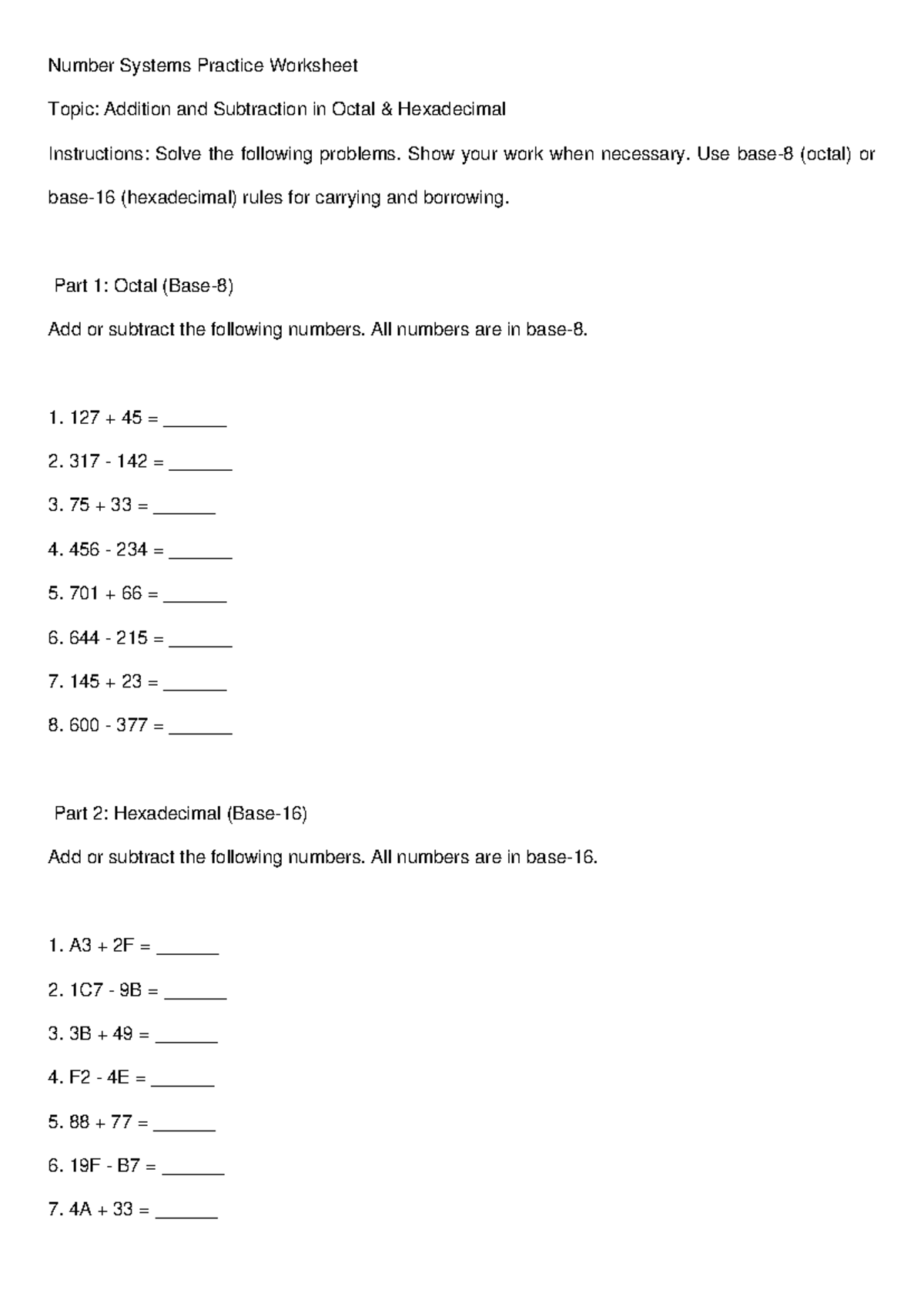 Octal & Hexadecimal Addition/Subtraction Practice Worksheet - Studocu