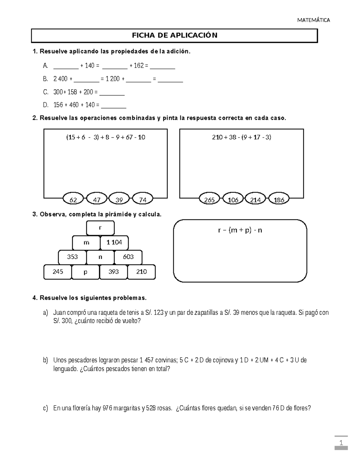 MATEMÁTICA PROBLEMAS DE ADICIÓN Y SUSTRACCIÓN 1 - Studocu