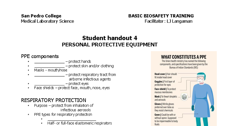 BASIC BIOSAFETY TRAINING: PPE Notes for MLS Internship (4-SH-PPE) - Studocu