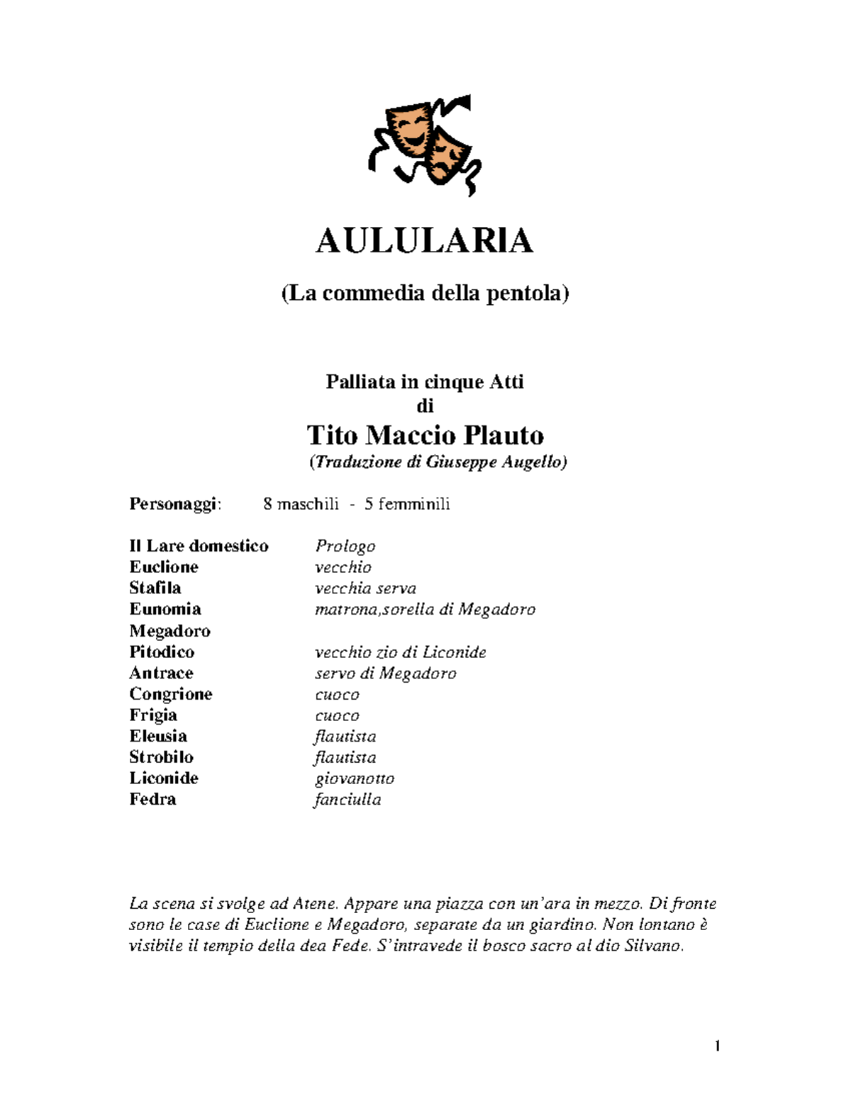 Aulularia di Plauto: Commedia della Pentola in Italiano (Corso di ...