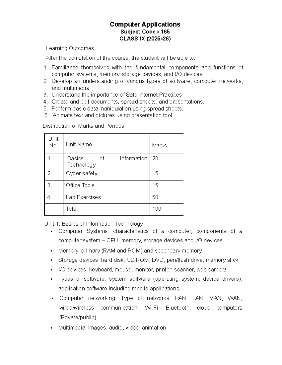 Computer Applications Syllabus Summary - Code 165 for Class IX & X ...