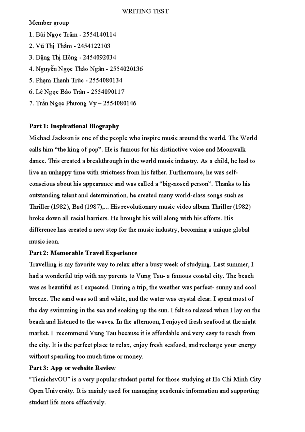 WRITING TEST - Inspirational Biography & Travel Experience - Studocu