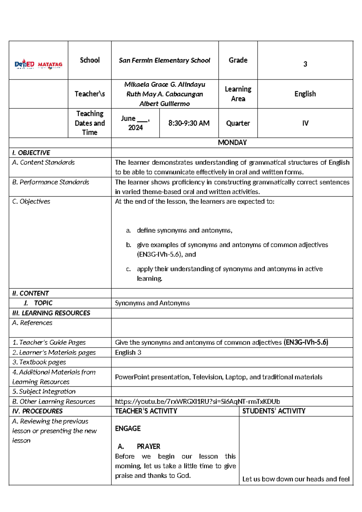 ENGLISH 3 LESSON PLAN: SYNONYMS AND ANTONYMS FOR GRADE 4 - Studocu