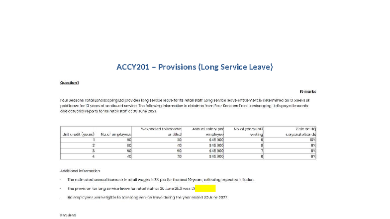 ACCY201 Long Service Leave Provisions Calculation Guide - Studocu