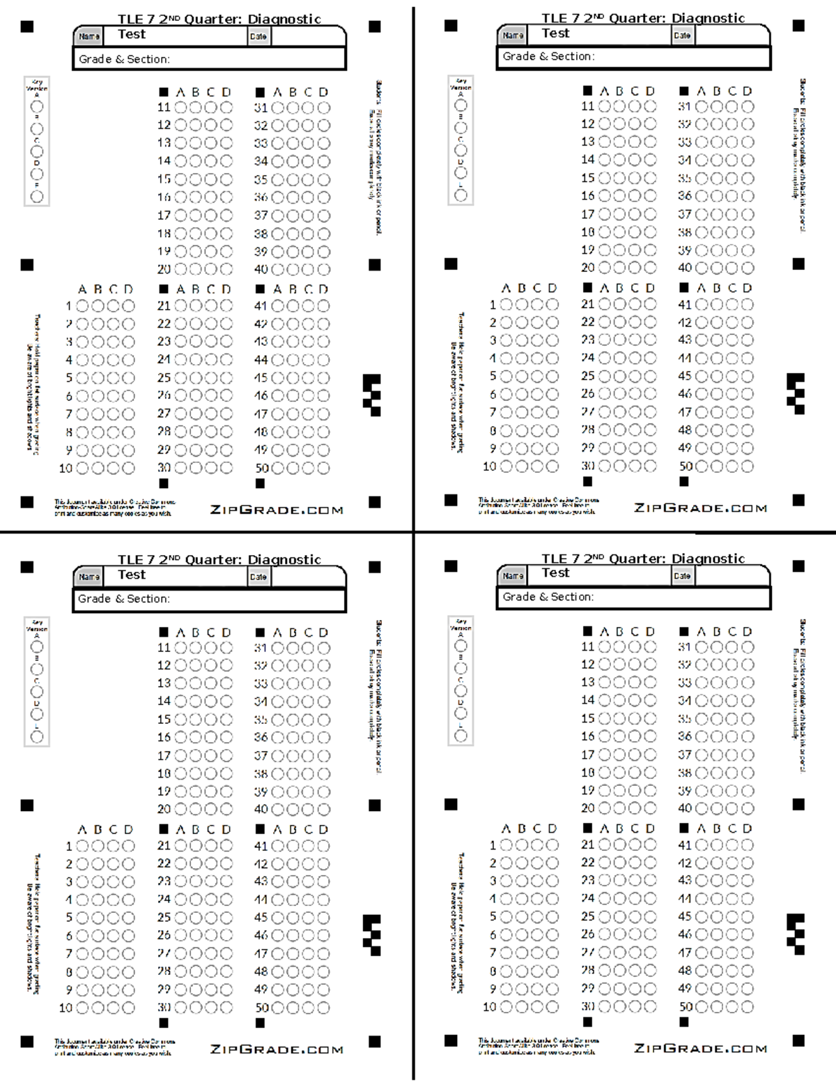 Q2 Answer Sheet Diagnostic Test Zipgrade - Technology and Livelihood ...
