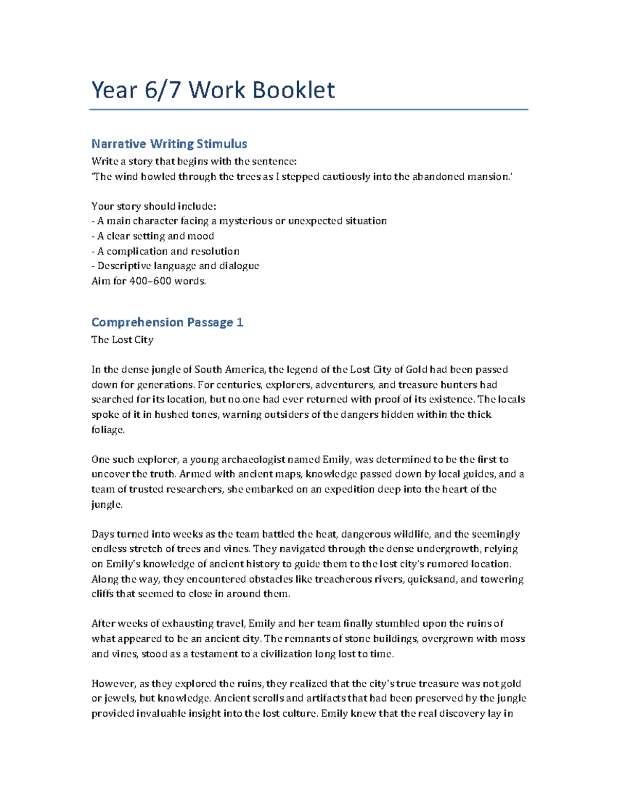 Year 7 Work Booklet: Narrative Writing & Comprehension Passages - Studocu