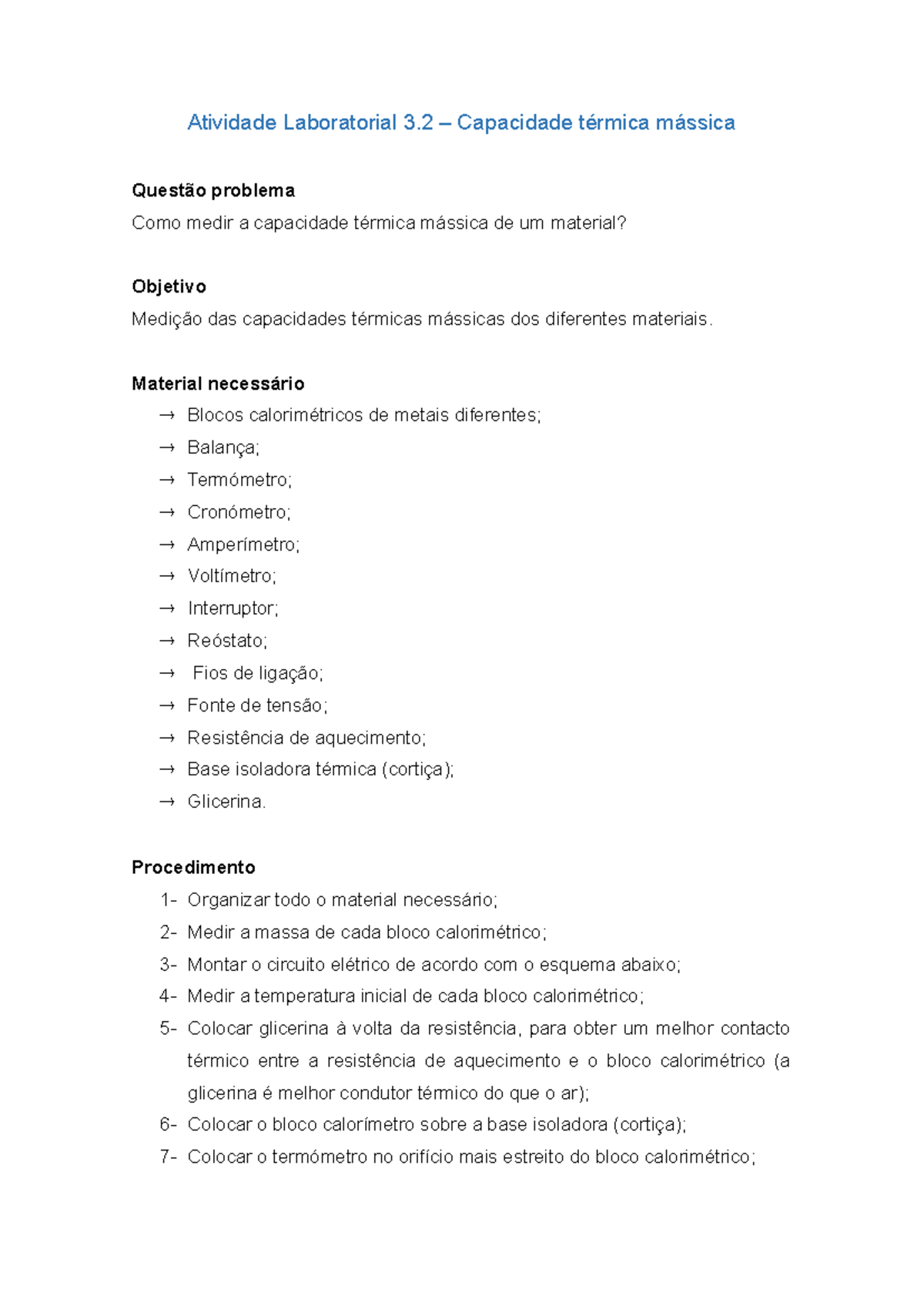 Atividade Laboratorial 3.2: Medição da Capacidade Térmica Mássica - Studocu