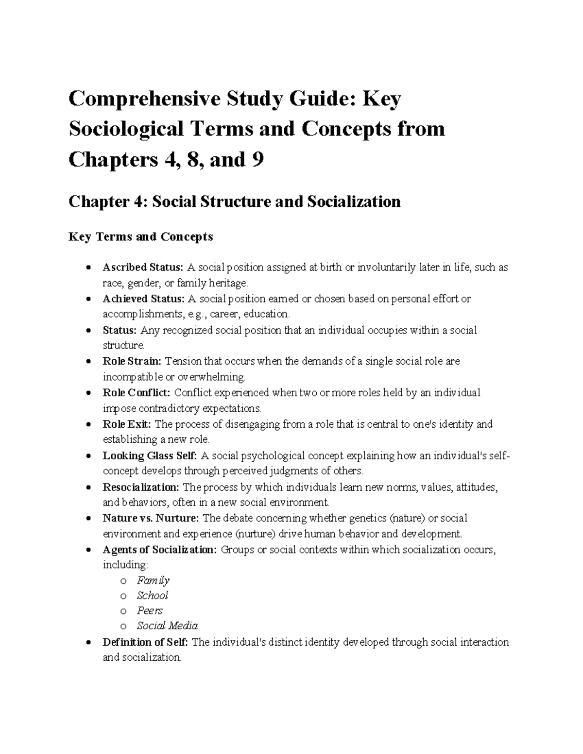 Sociology Final Exam Study Guide: Key Terms from Chapters 4, 8, 9 - Studocu