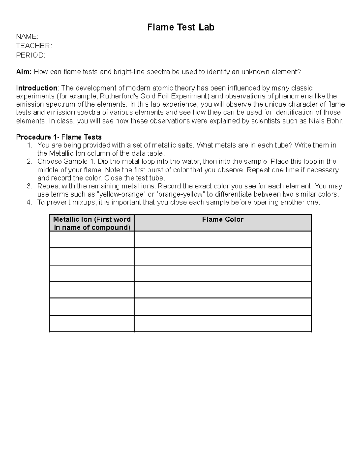 Flame Test Lab - Identifying Elements through Spectra Analysis - Studocu