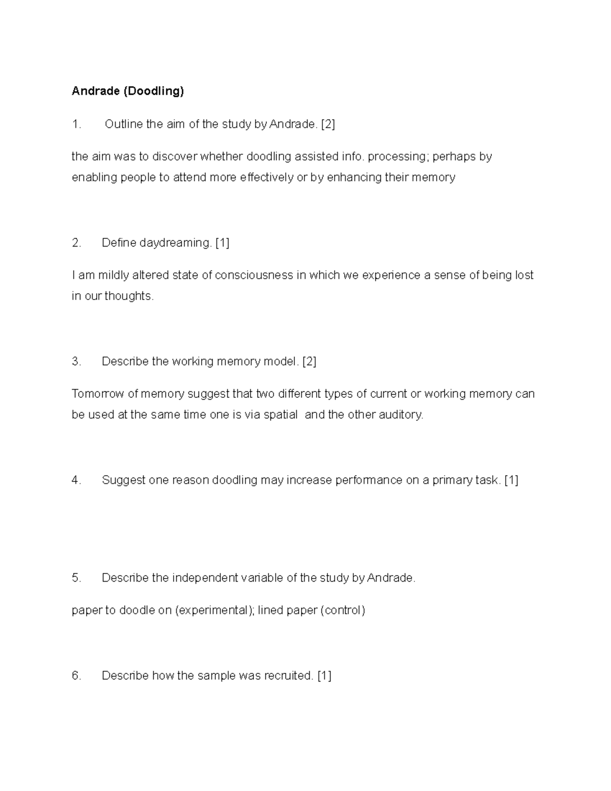 PSY1001 Andrade Doodling Study Notes for Exam Preparation - Studocu