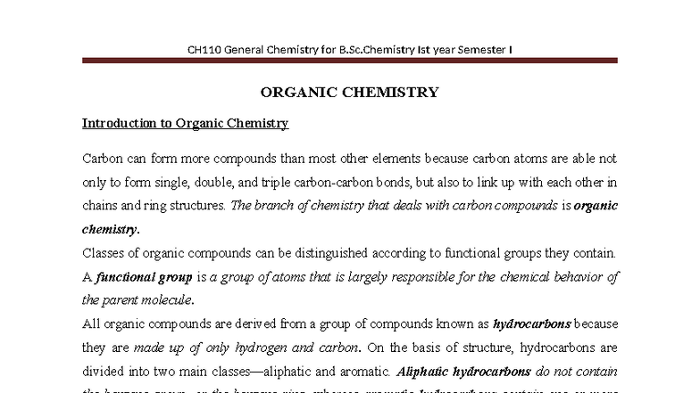 CH110 Organic Chemistry: Introduction to Hydrocarbons and Functional ...