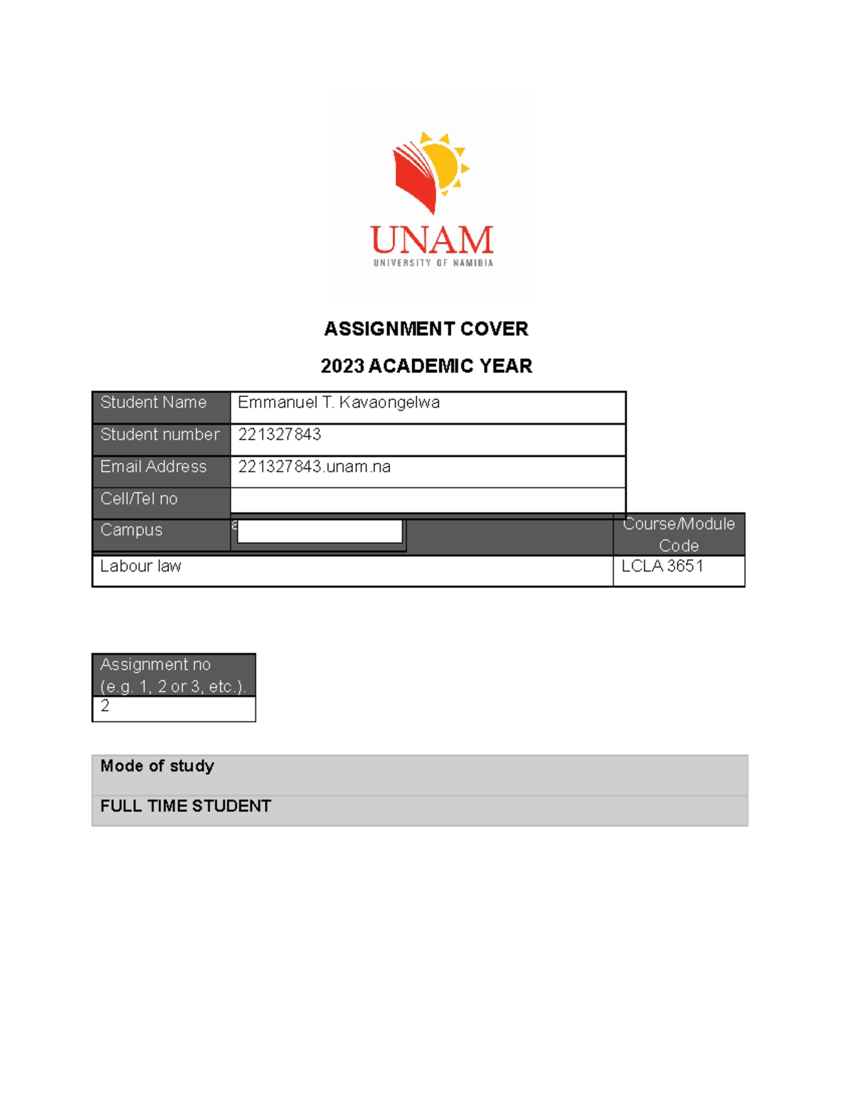 LCLA 3651 Labour Law Assignment Cover Template - 2023 Academic Year ...