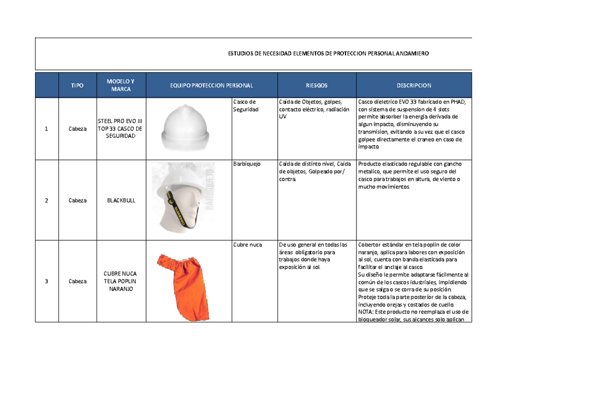 Matriz de EPP - Andamiero - ESTUDIOS DE NECESIDAD ELEMENTOS DE ...