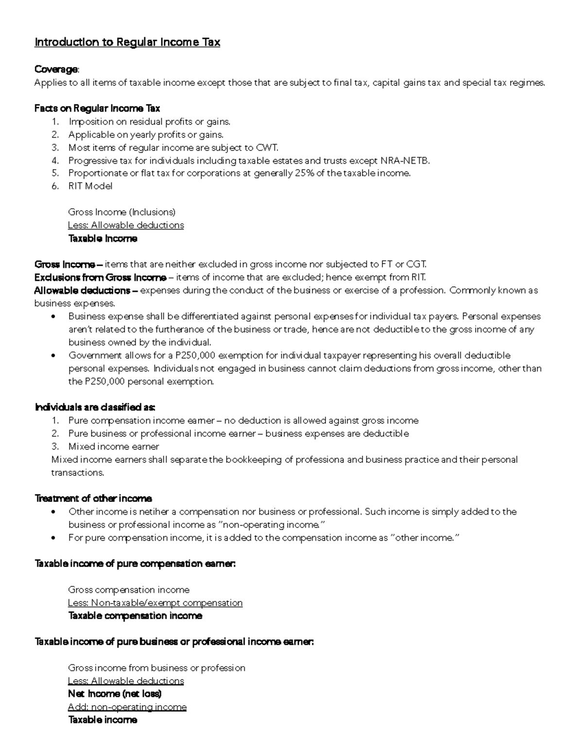 Regular Income Tax Overview: Key Concepts and Tax Types - Studocu