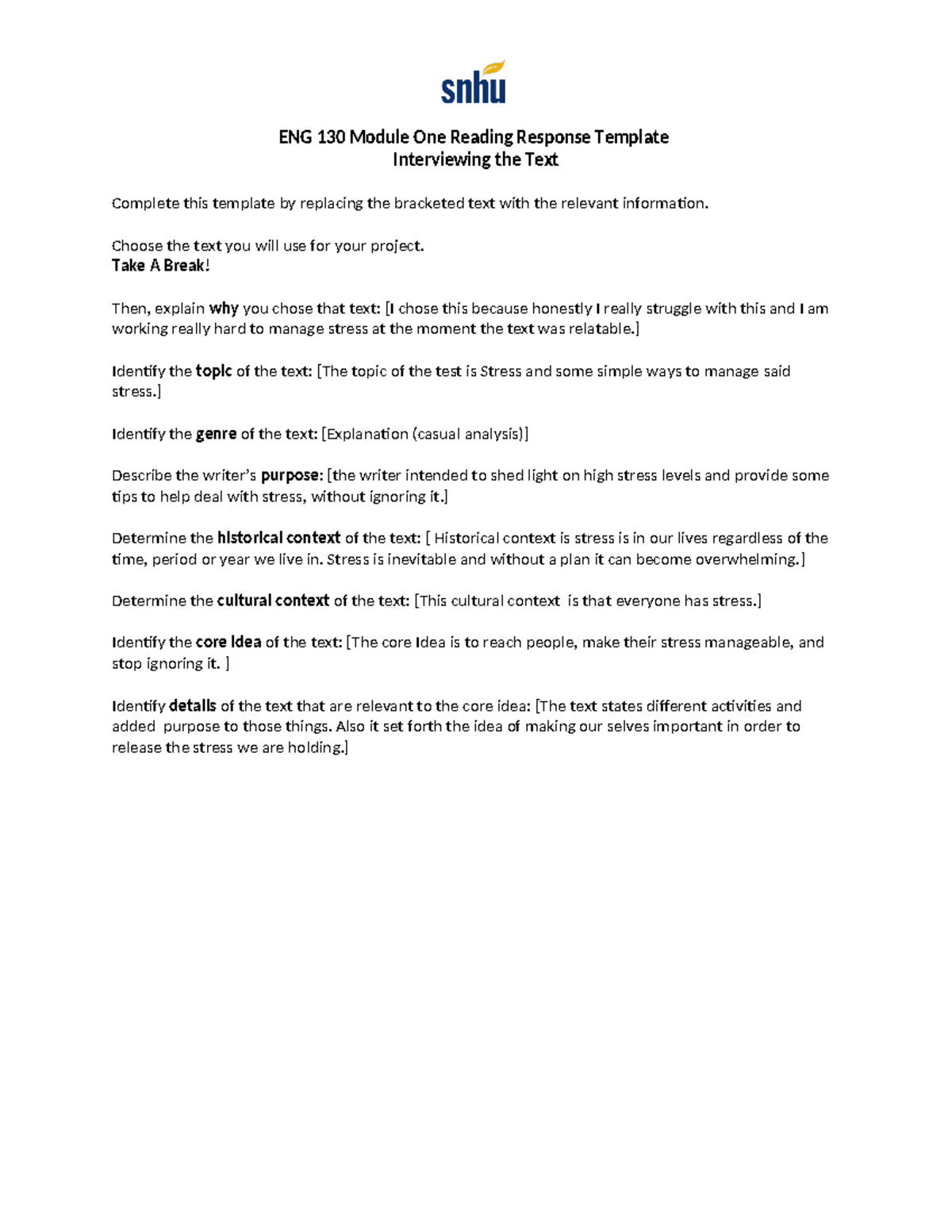 Eng 130 Module One Reading Response Managing Stress Through Texts