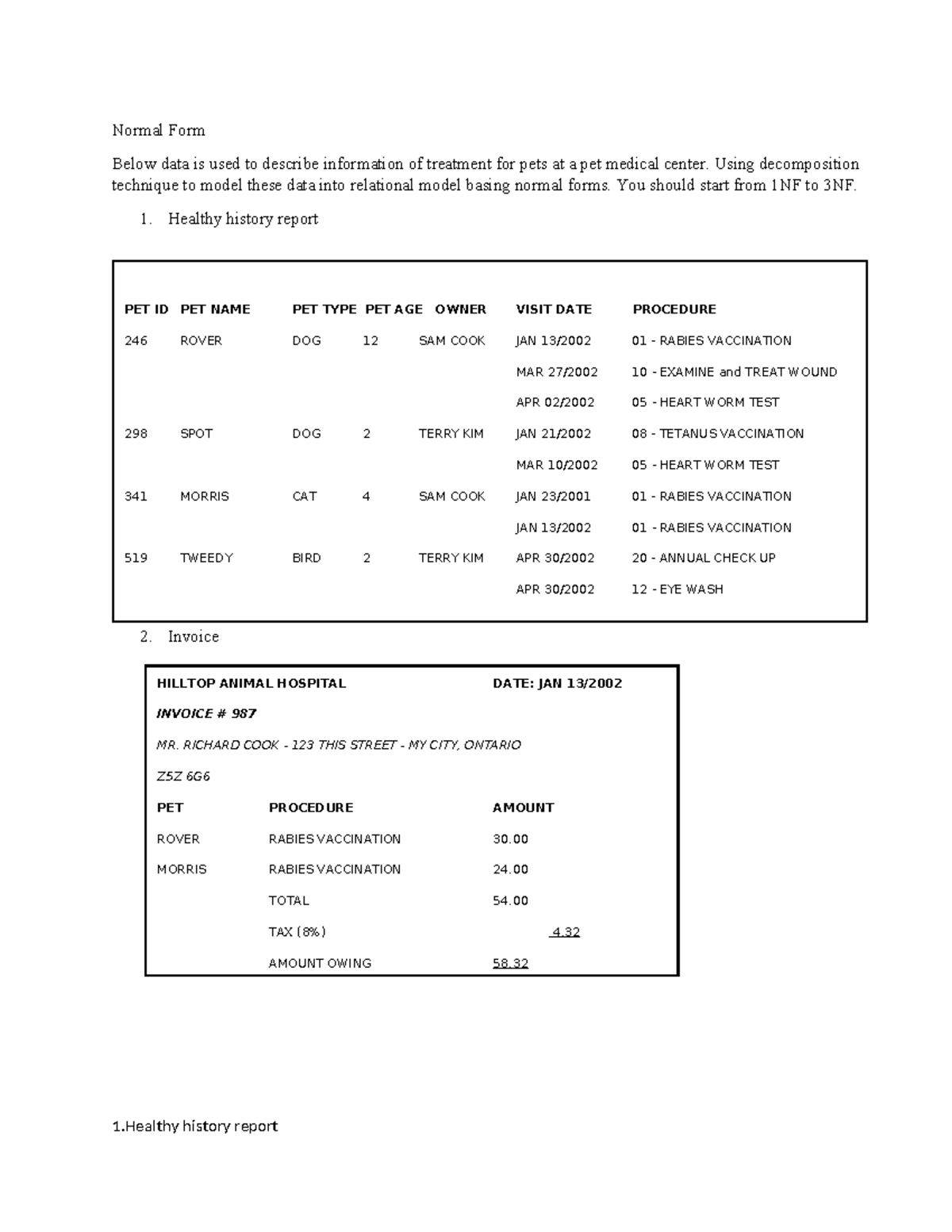 Normalization of Pet Treatment Data: 1NF to 3NF (DBI202) - Studocu