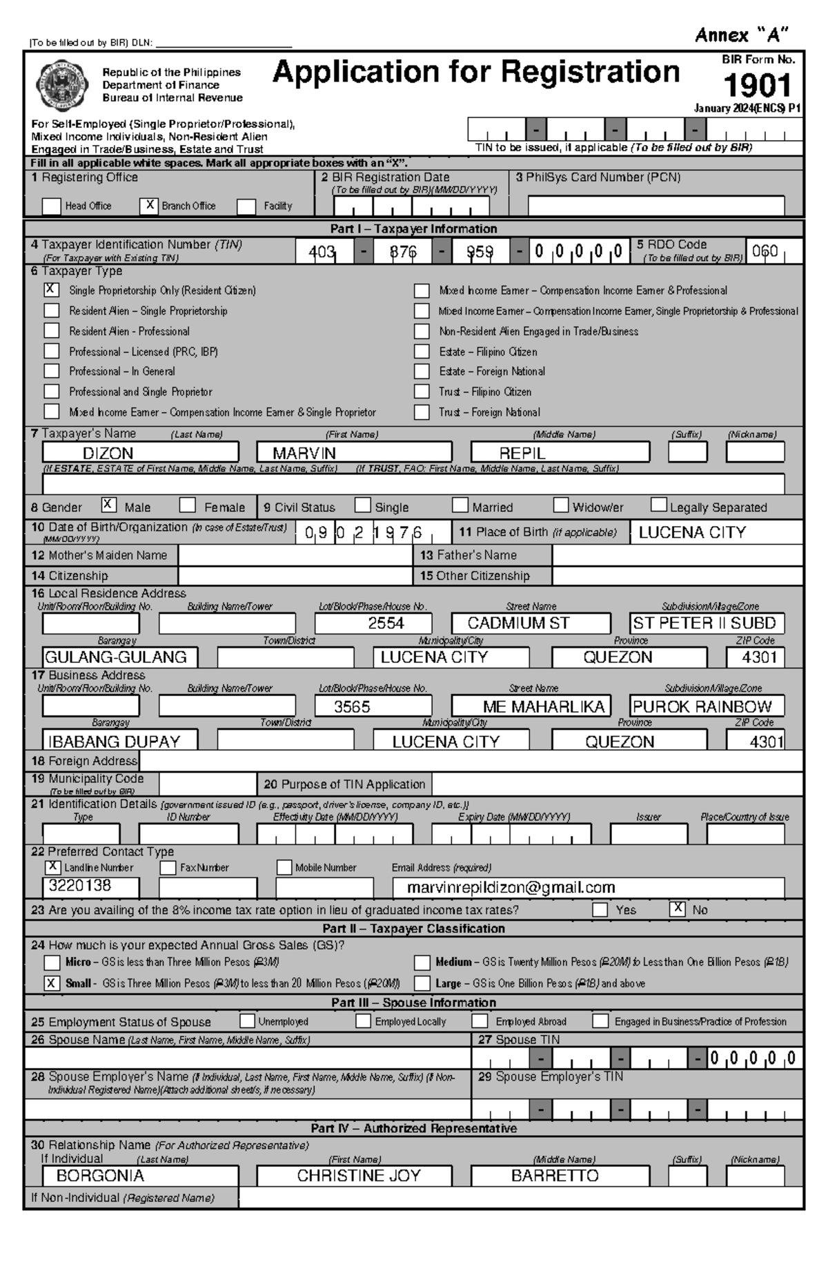 BIR Form 1901 Registration Application - January 2024 Version - Studocu