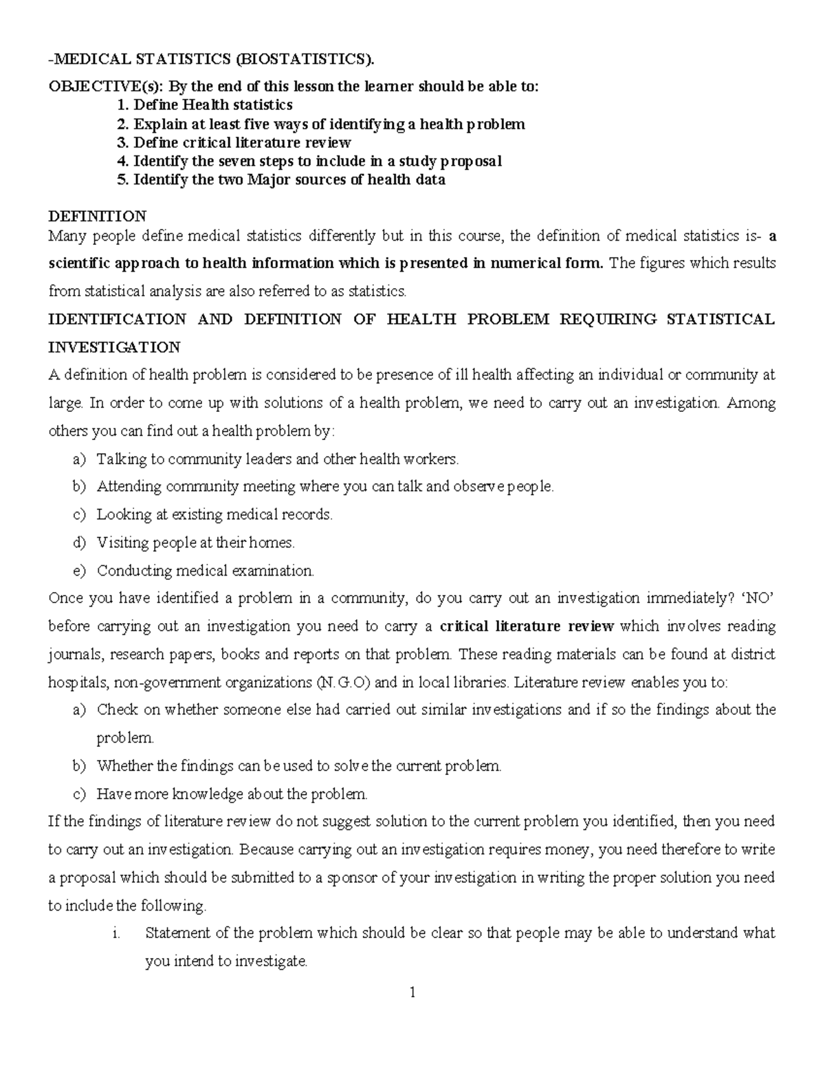 Health Statistics (MEDICAL STATISTICS) Lesson Notes & Guide - Studocu