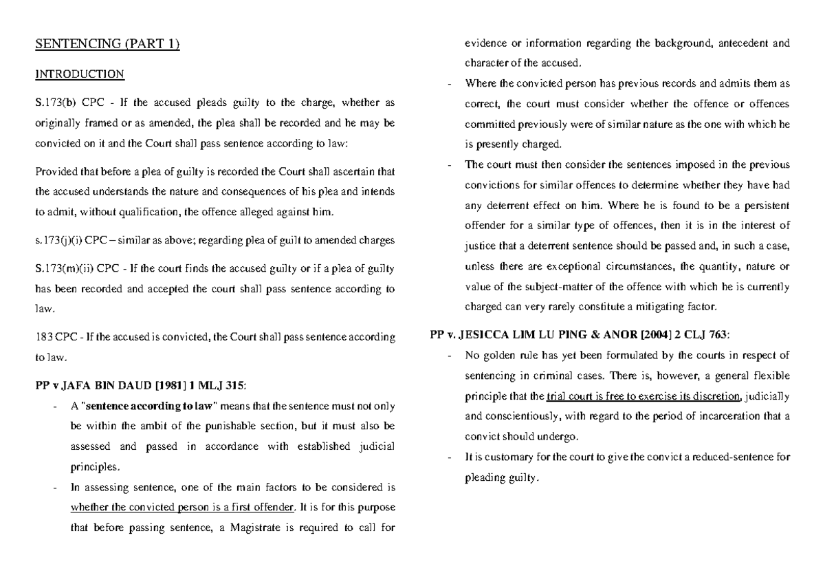 Criminal Procedure Law II: Key Principles of Sentencing (Part 1) - Studocu