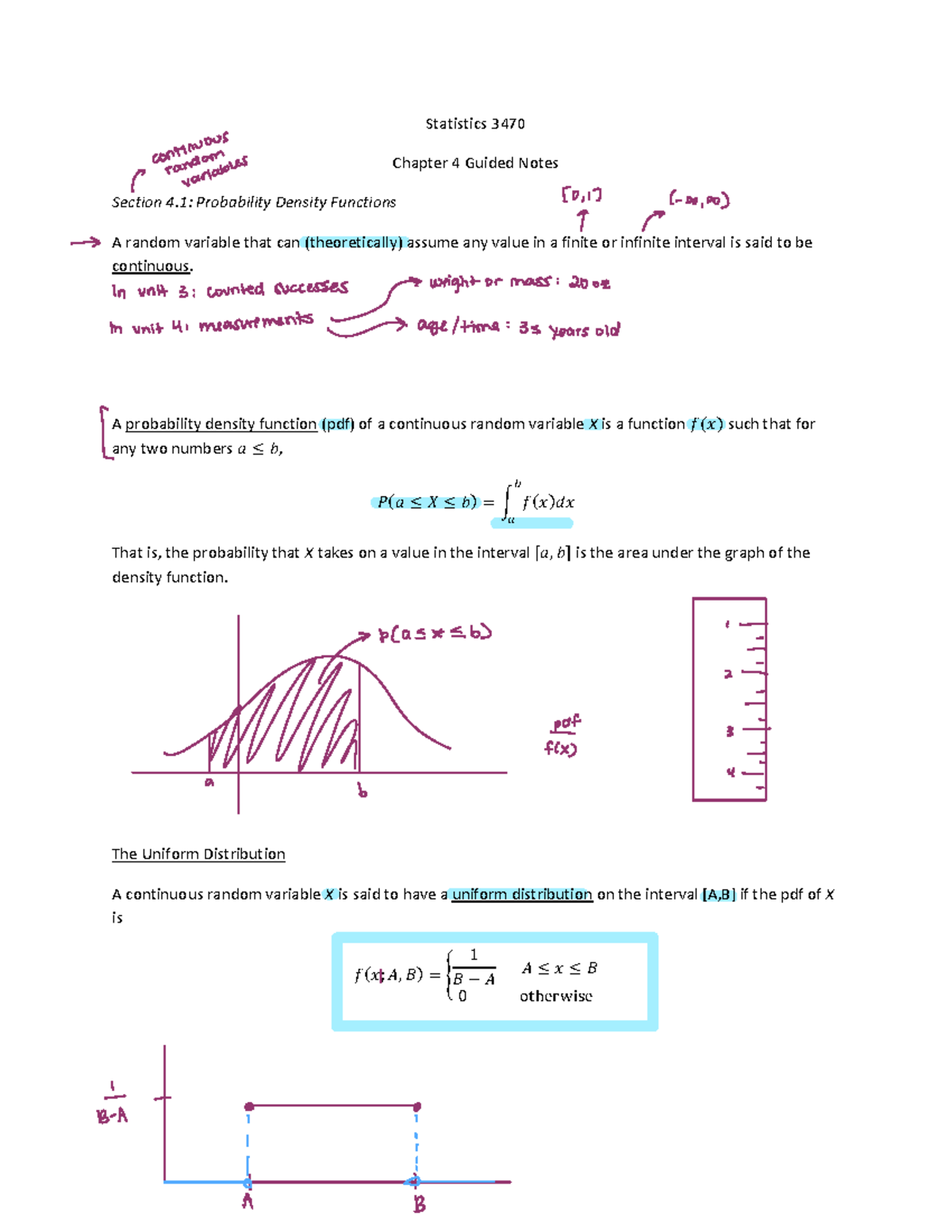 Statistics 3470: Chapter 4 Guided Notes on Probability Density ...