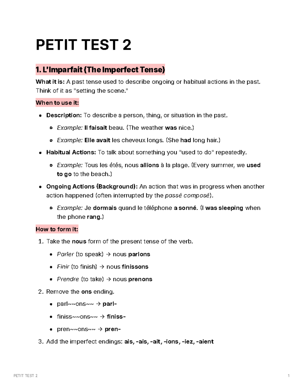 PETIT TEST 2 - The Imperfect Tense and Passé Composé Overview - Studocu