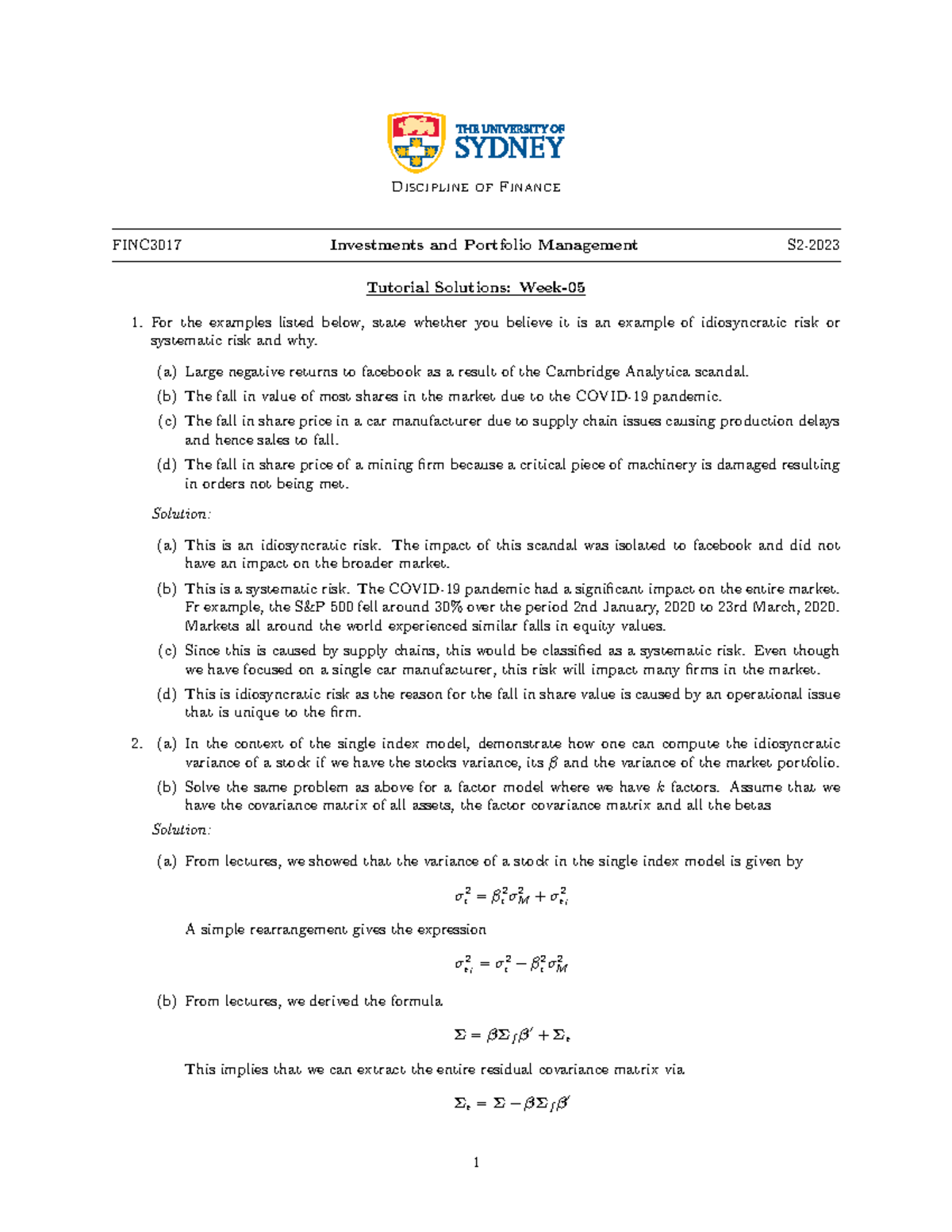 FINC3017 Tutorial 5 Solutions: Idiosyncratic vs Systematic Risk ...